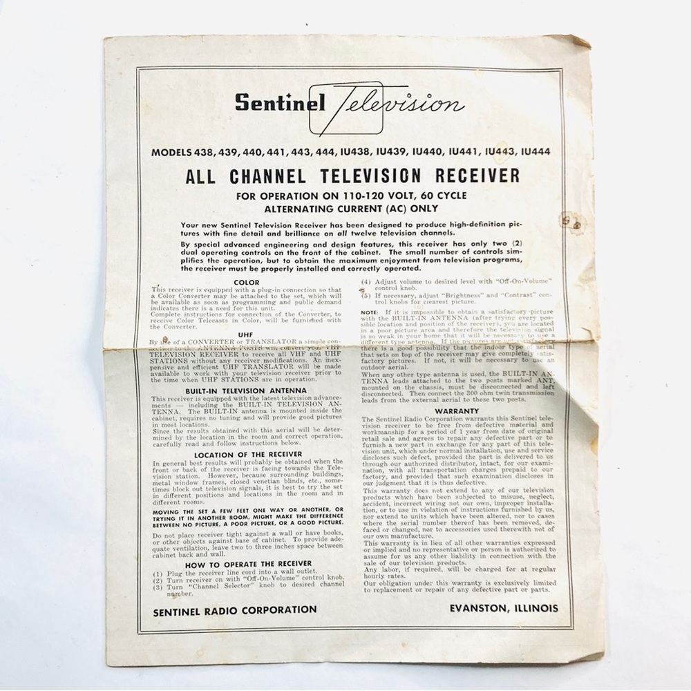 Sentinel Television Model Guide Vintage Manual - Gem